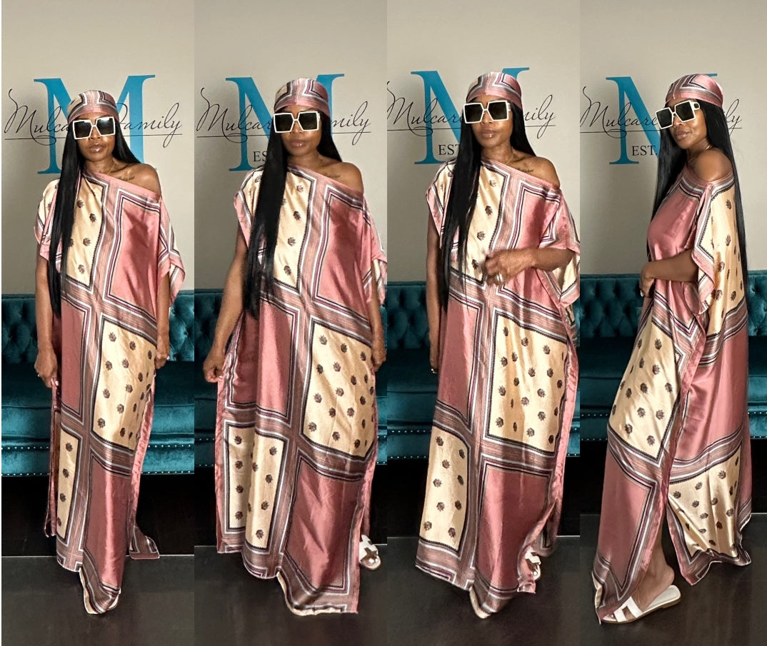 Santorini Collection Satin Kaftan Maxi with Matching Scarf- Mauve Beig ...
