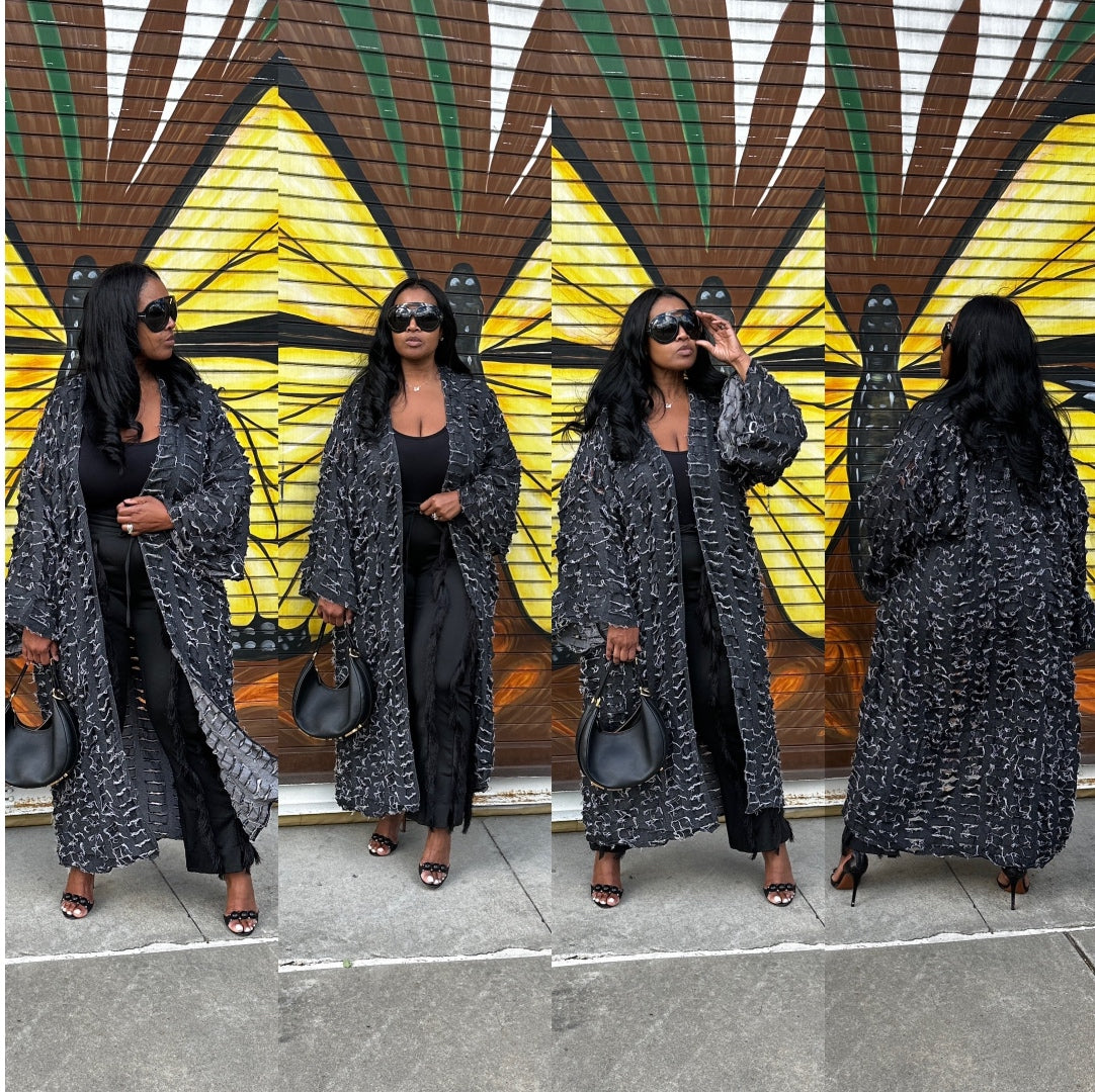 PRE-ORDER Denim Distressed Cut Out Open Front Long Cardigan - Black Sh ...